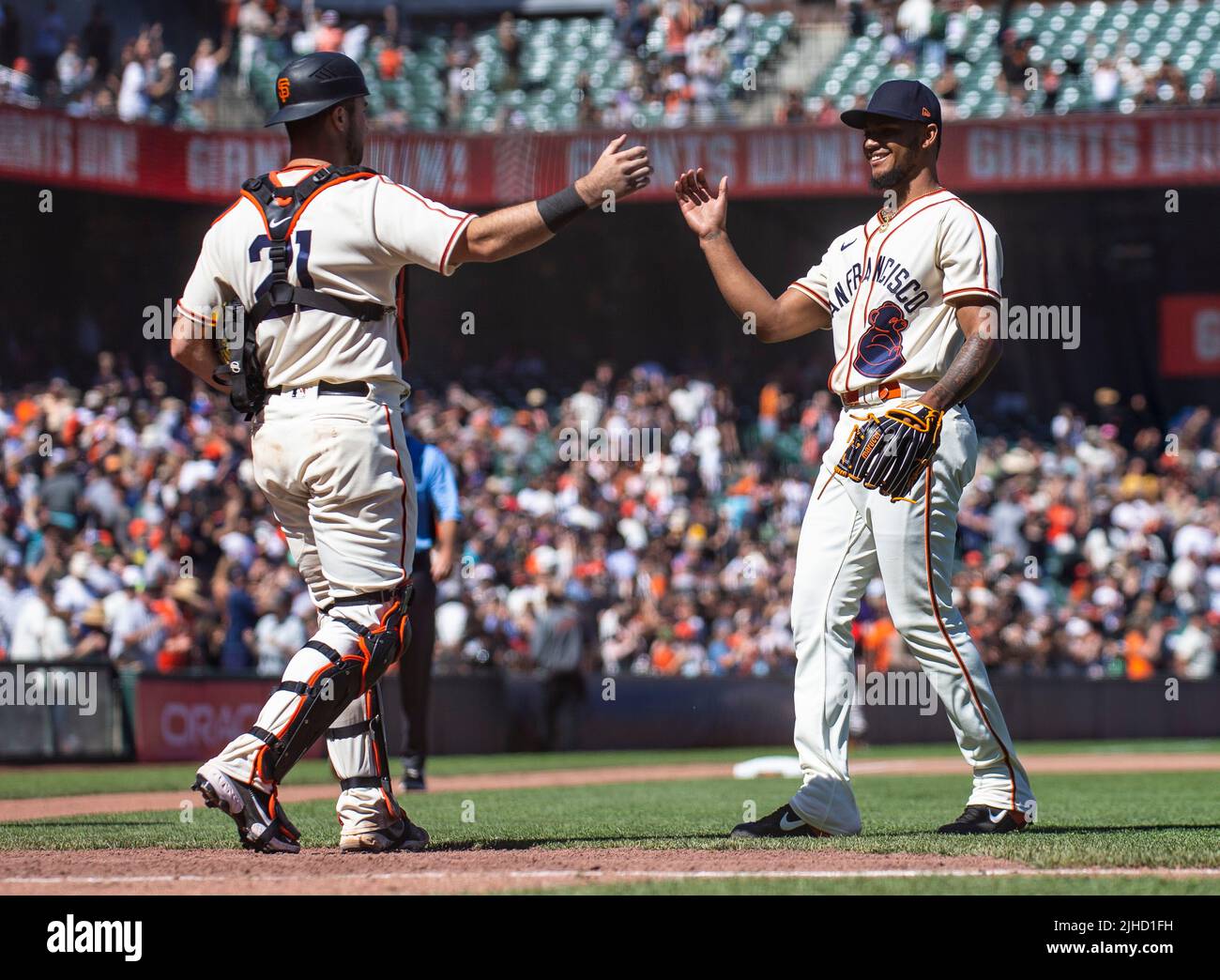 July 17 2022 San Francisco CA, U.S.A. San Francisco relief pitcher Camilo Doval (75) and ...