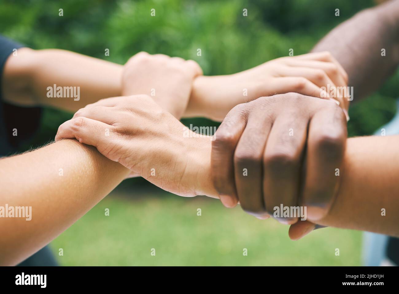 Hands holding wrists outside in nature. A diverse group of people holding wrist as a concept of ...