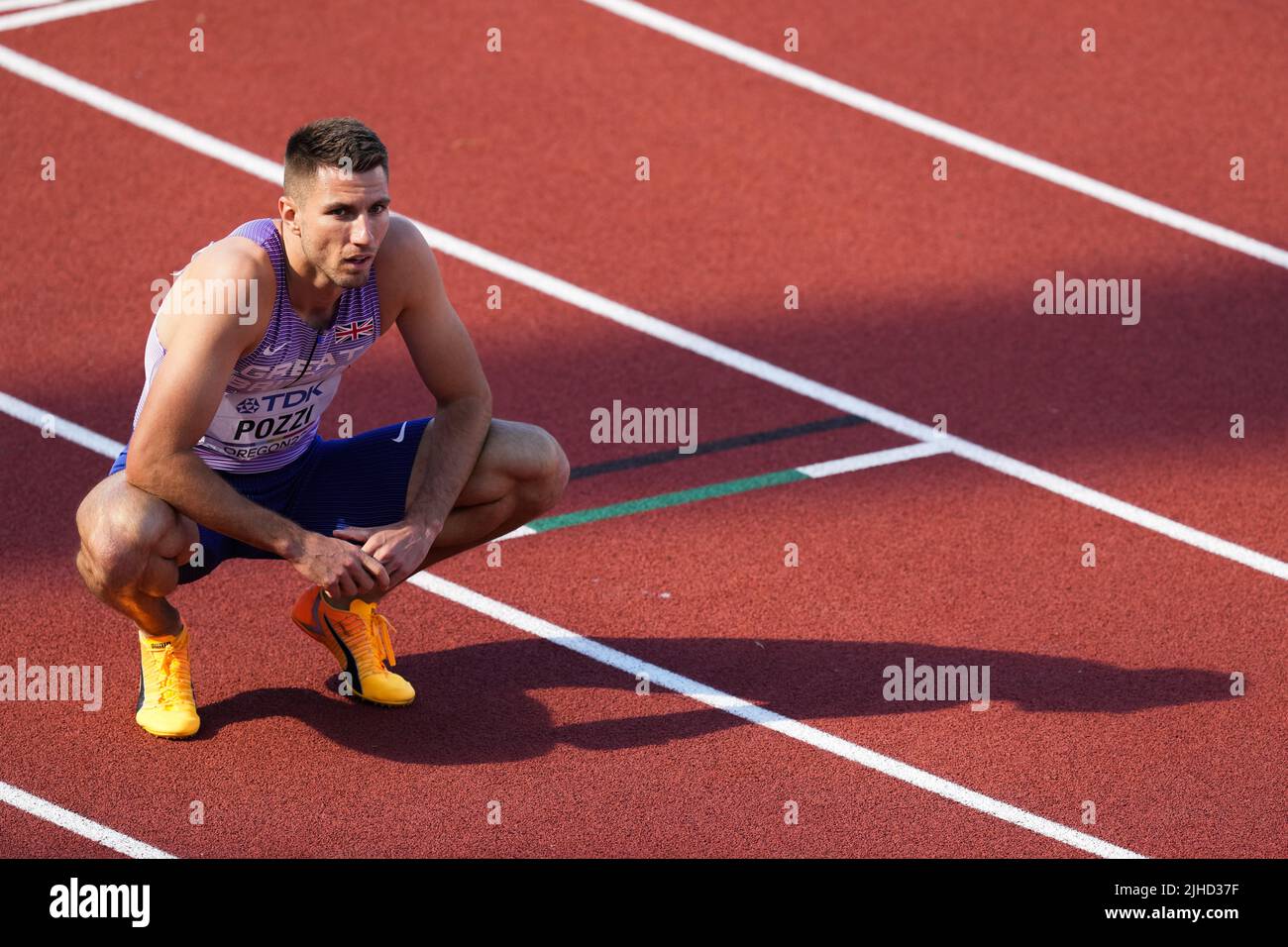 Great Britain's Andrew Pozzi appears dejected following the Men’s 110m ...