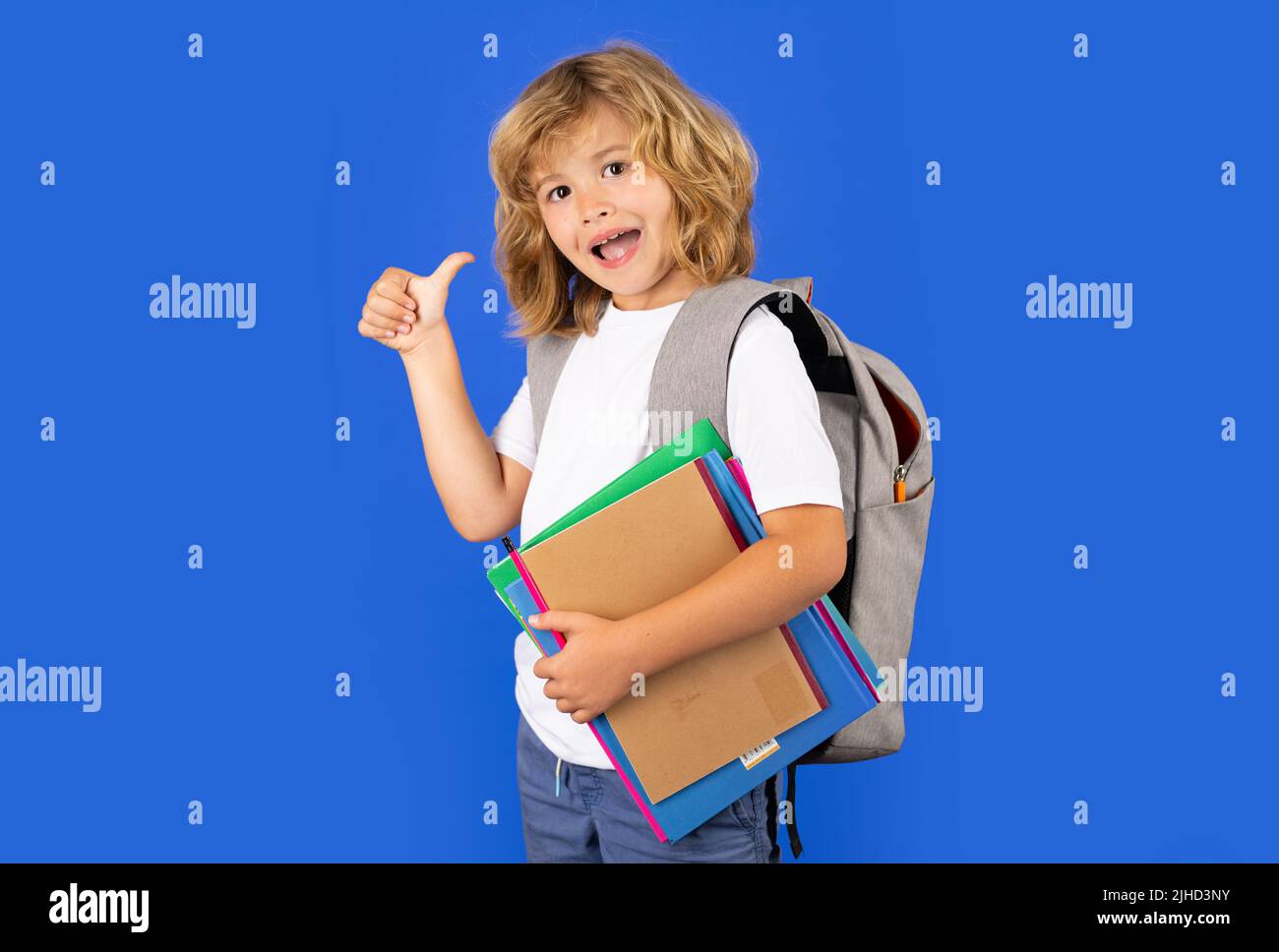 Portrait of pupil student hold book on blue isolated studio background ...