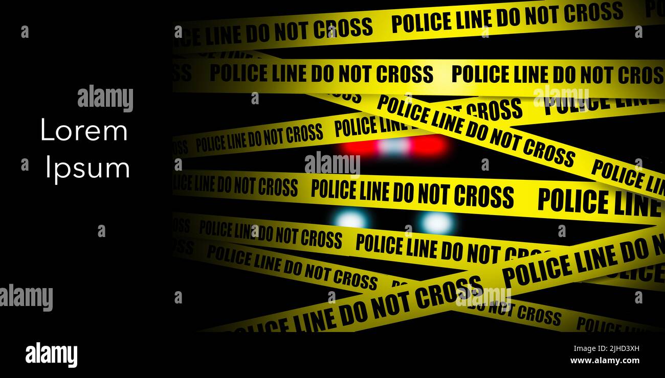 Yellow crime scene tape is seen with police lights and patrol car at ...