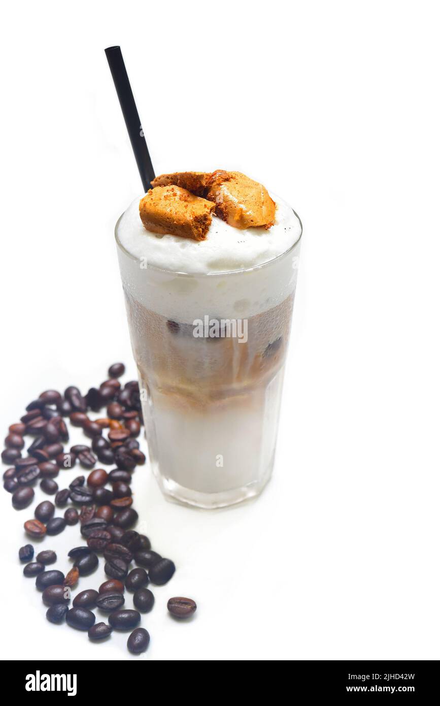 Honey comb latte with coffee beans isolated on white background Stock ...