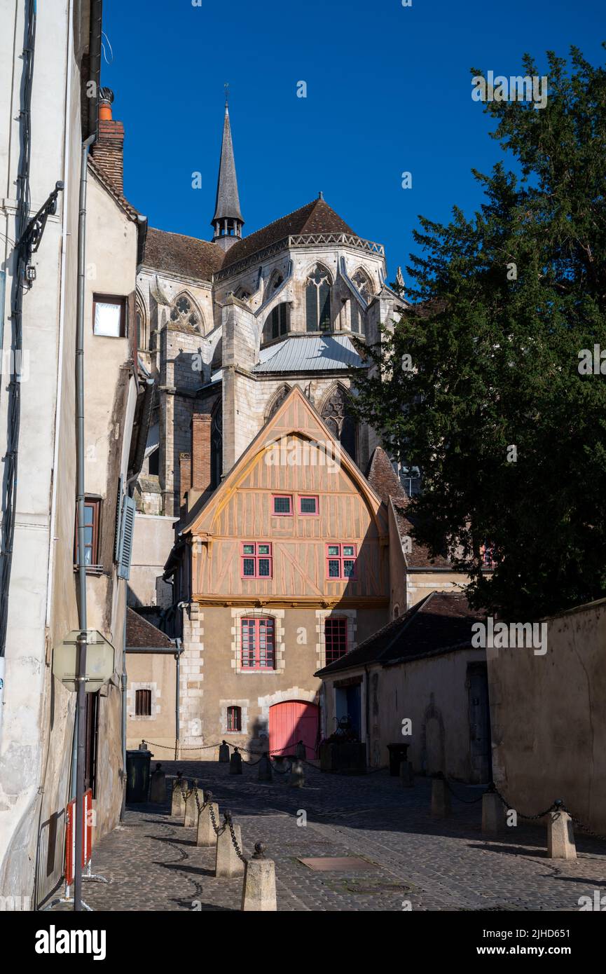 View on old streets and houses of Auxerre, medieval city on river Yonne ...