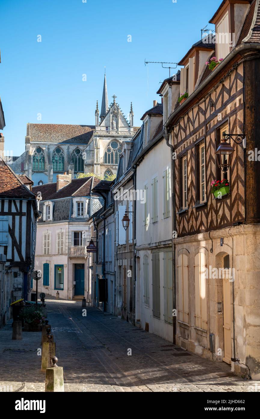 View on old streets and houses of Auxerre, medieval city on river Yonne ...