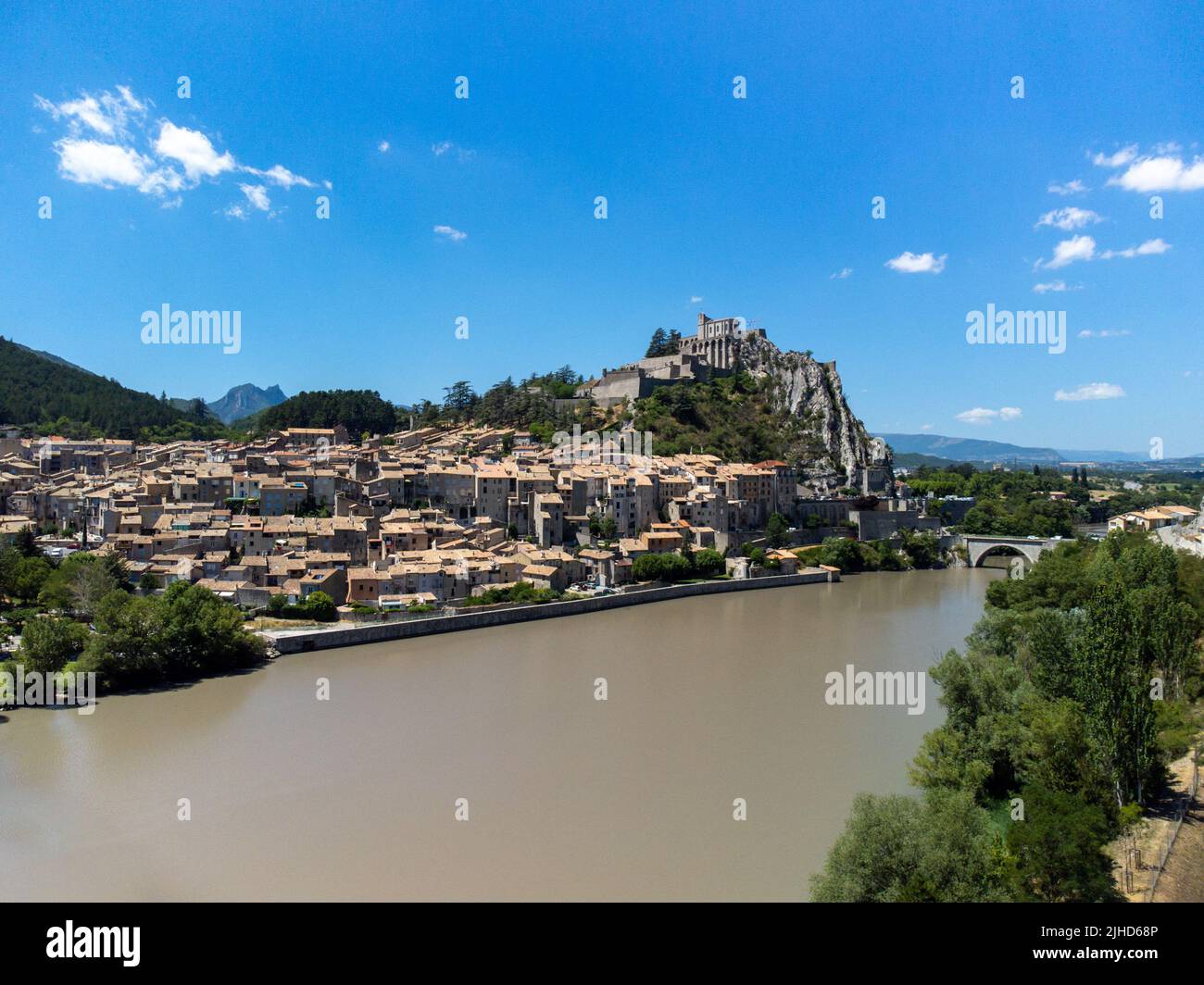 View on historical city Sisteron with river Durance, gates to Provence ...