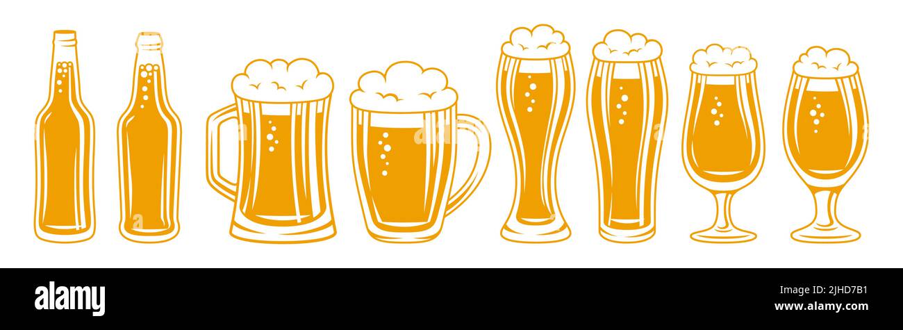 Beer bottle or glass, mugs retro engraved set. Brewery, bar, pub beer ...