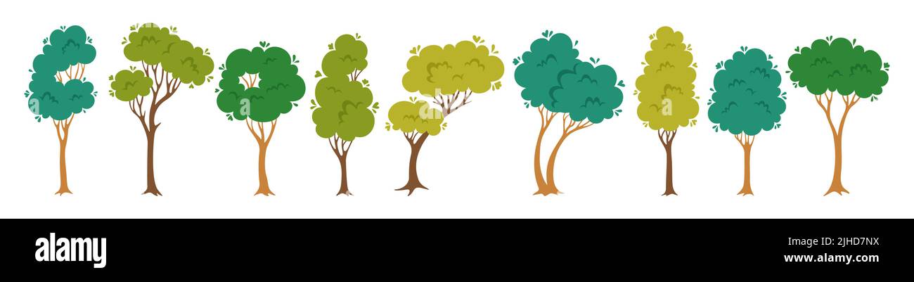 Trees flat cartoon set. Forest and park abstract evergreen stylized ...
