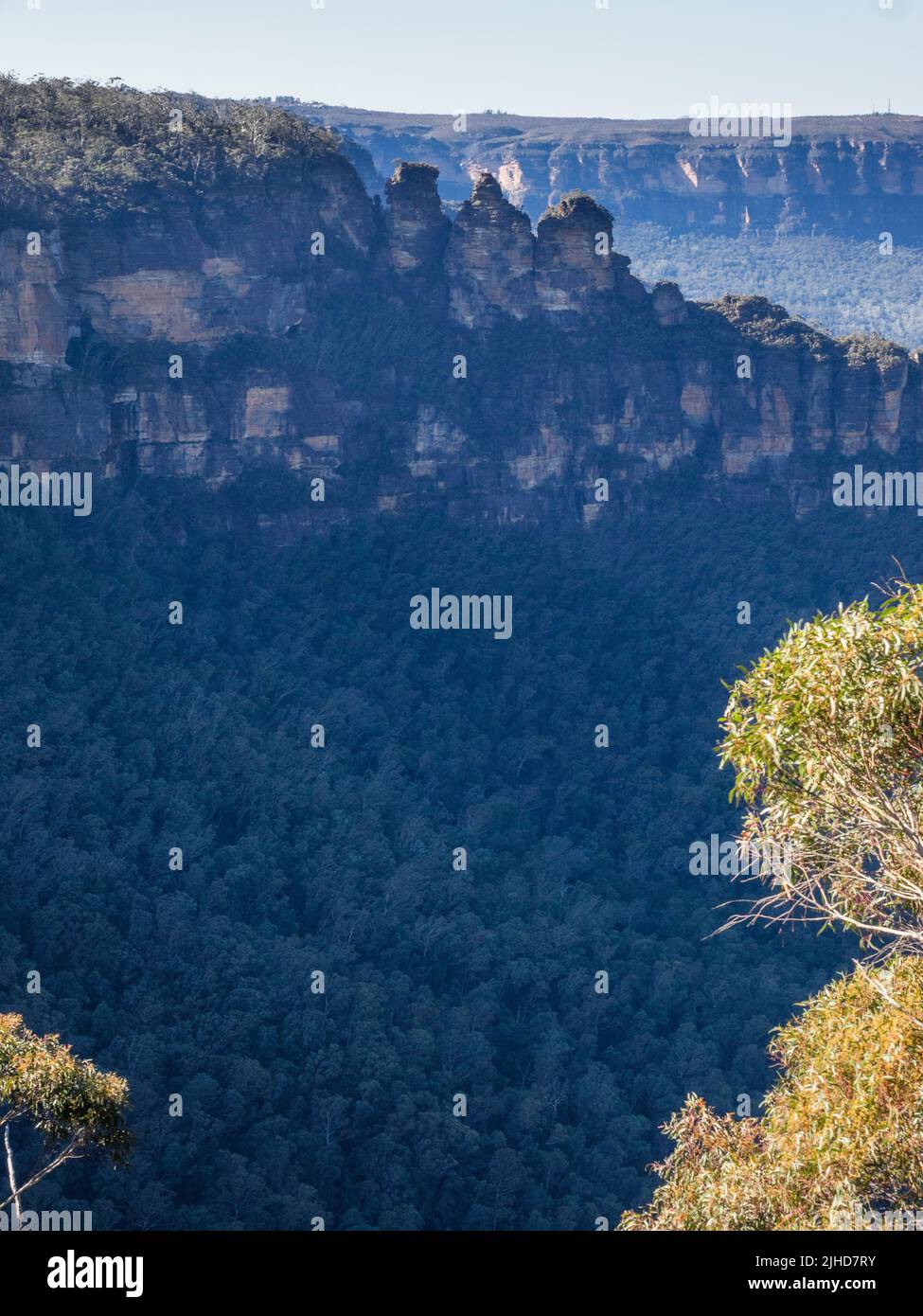 The Three Sisters and Jamison Valley on a sunny winter morning with the ...