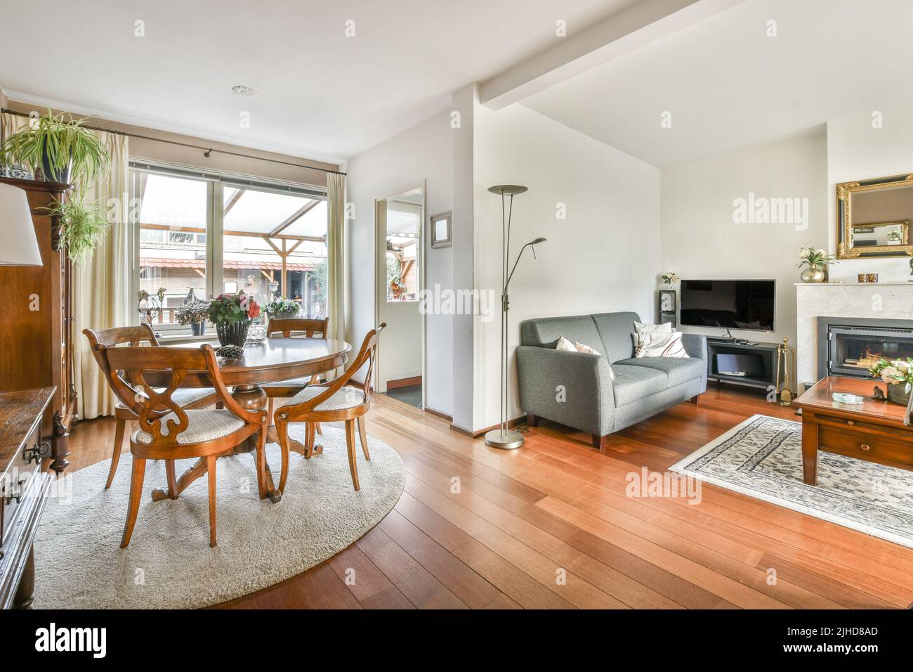 Comfortable sofas and wooden table placed near potted plants against ...