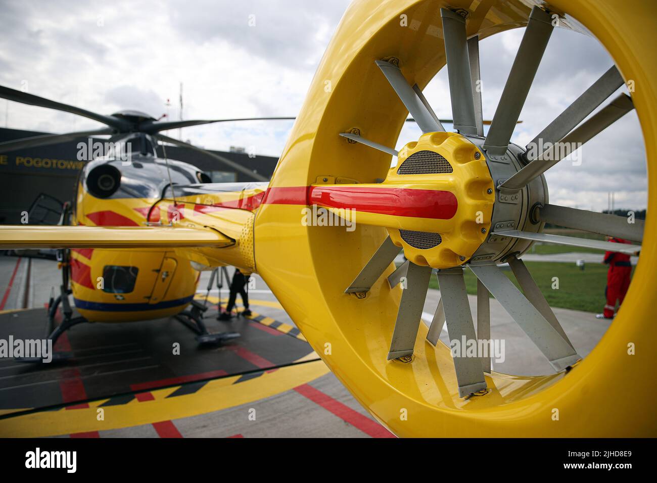 A close up of a tail rotor of an emergency medical helicopter on a ...