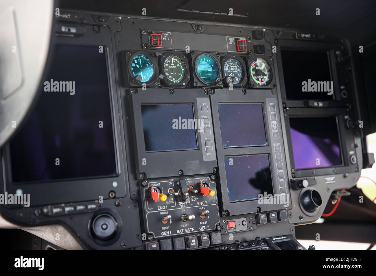 Cabin view of the panel instruments of an emergency medical helicopter ...