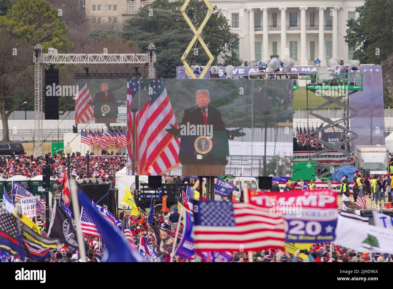 U.S. President Donald Trump delivers a speech at the Ellipse during the ...