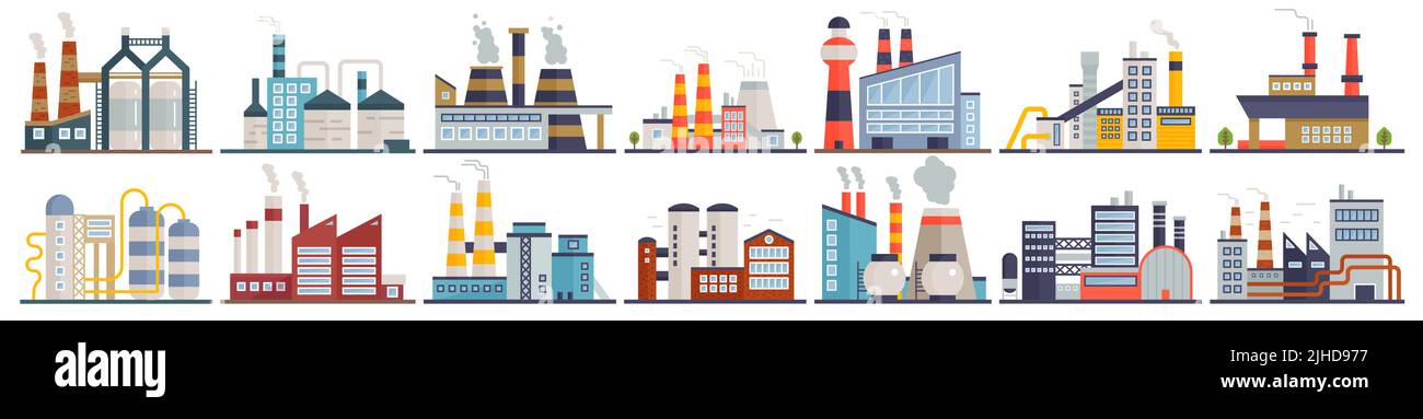 Power, nuclear and energy industry, refinery plants set vector ...