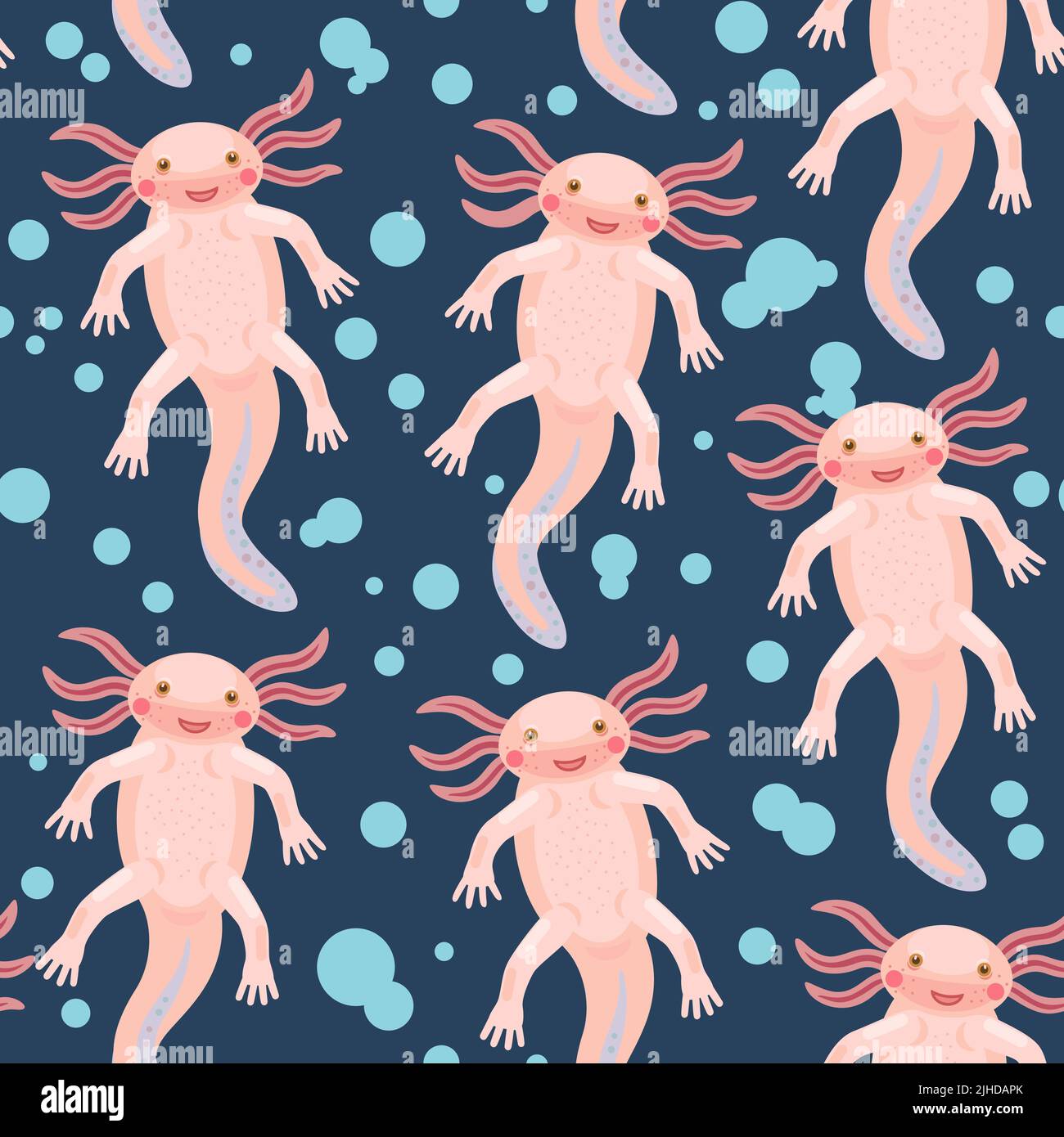 Seamless pattern with cute joy cartoon pink axolotl in various ...