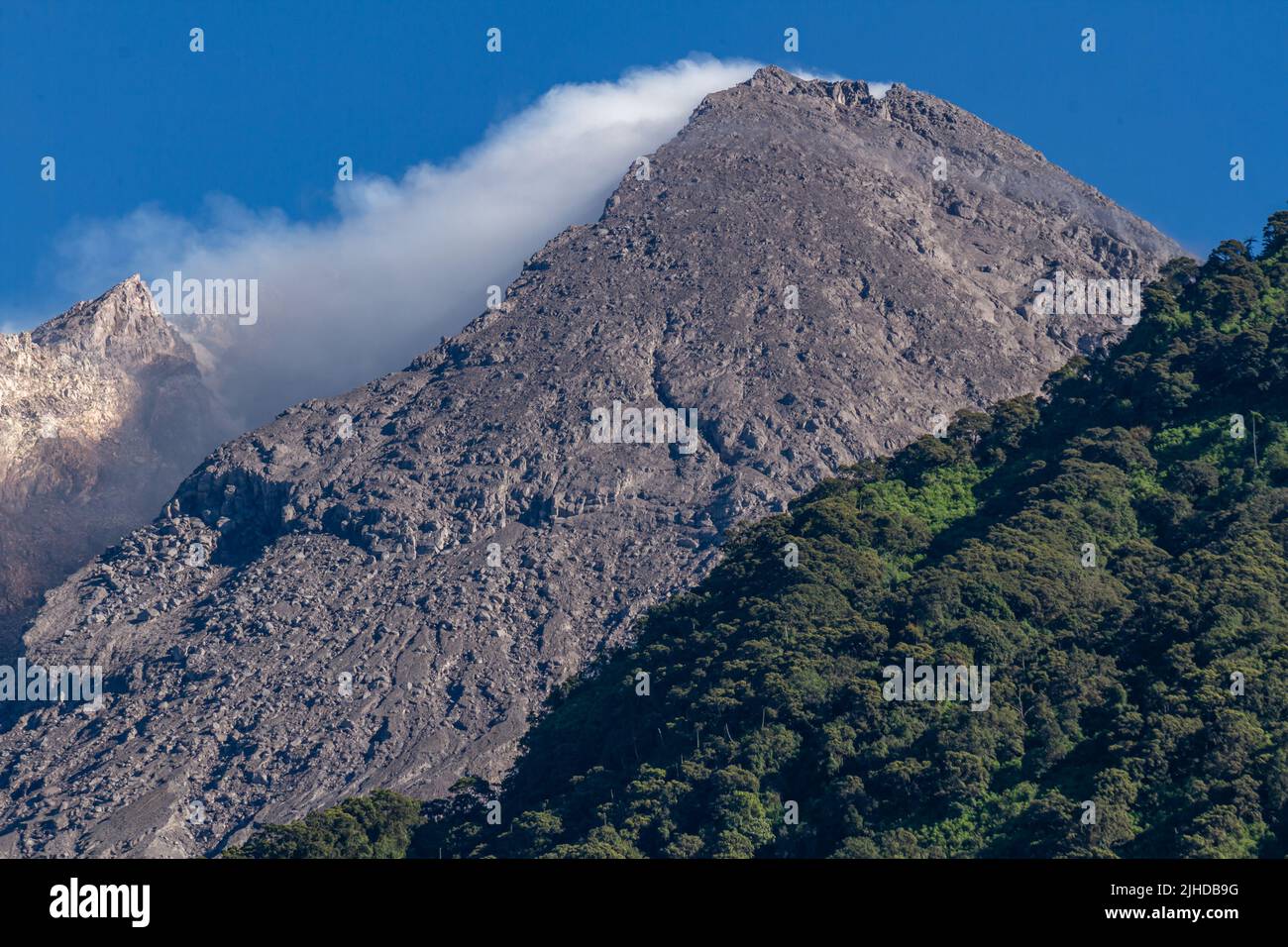 Close up of the crater of Mount Merapi, which is slightly covered in ...