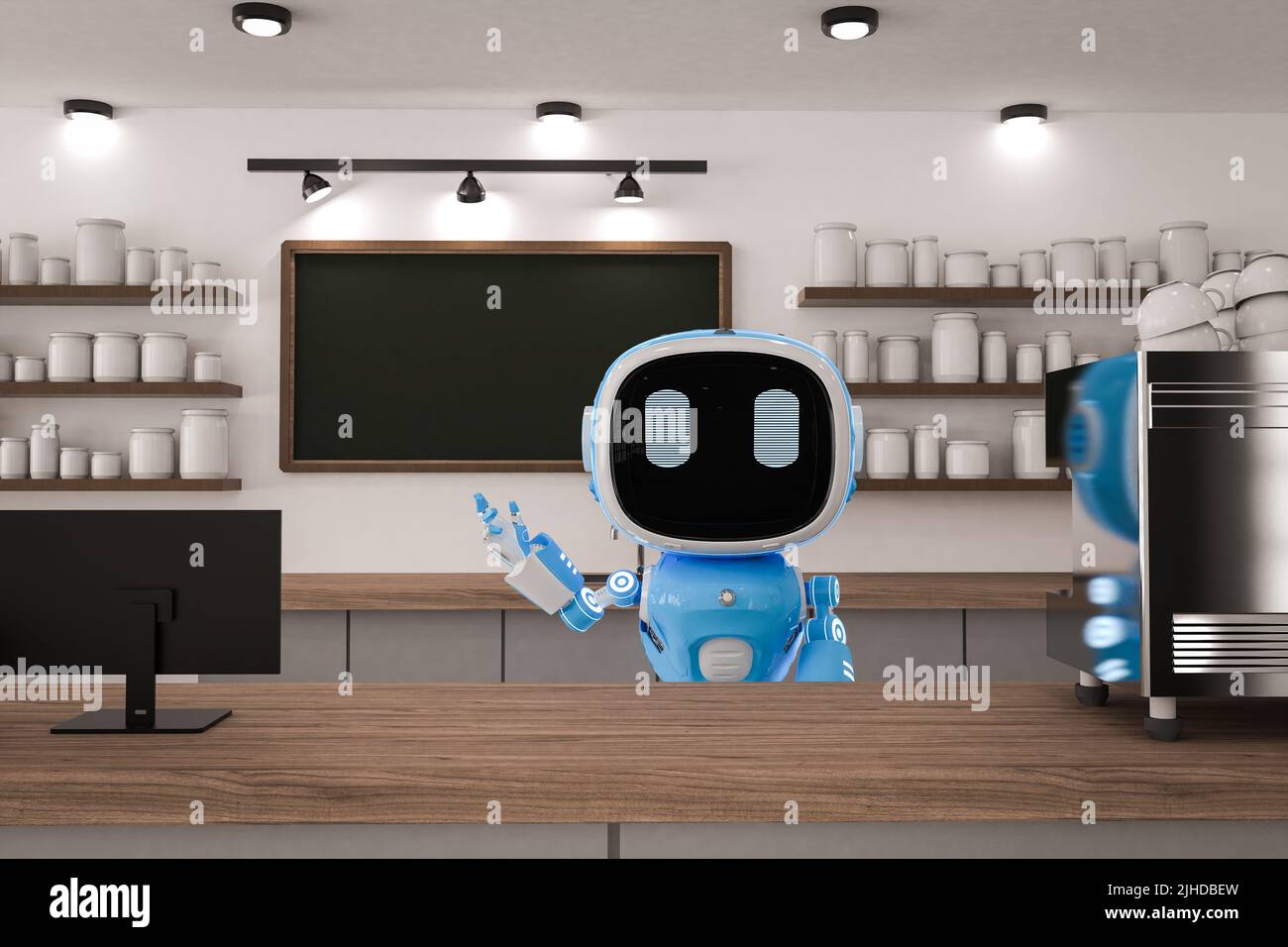 Automation cafe or coffee shop concept with 3d rendering robotic ...