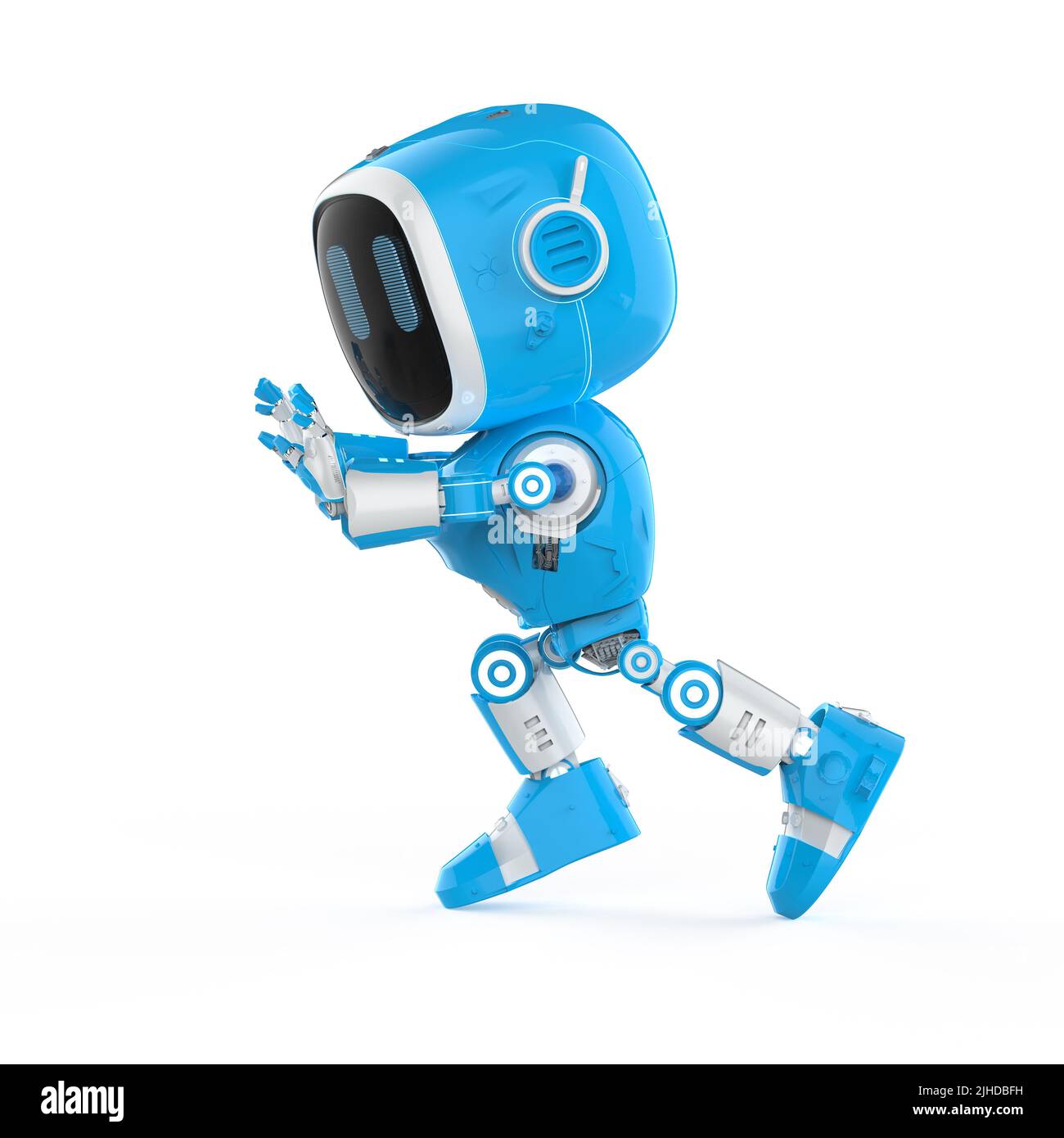 3d rendering blue robotic assistant or artificial intelligence robot pushing isolated on white ...