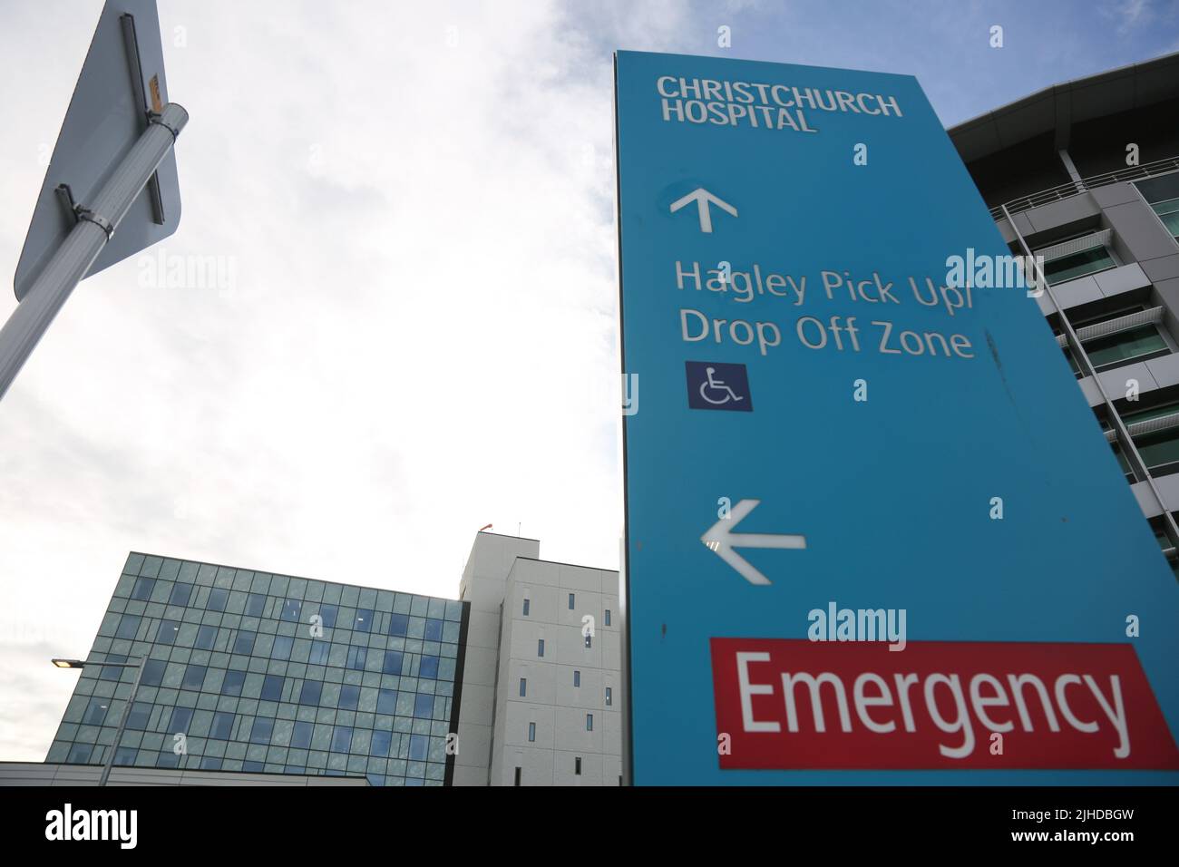 Emergency entry sign seen at Christchurch Public Hospital. Covid-19 ...