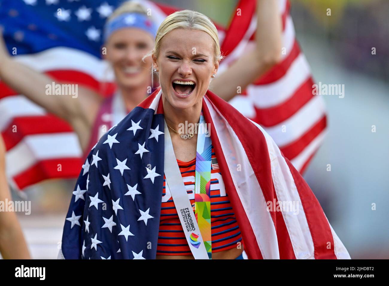 EUGENE, UNITED STATES - JULY 17: Katie Nageotte of USA with flag ...