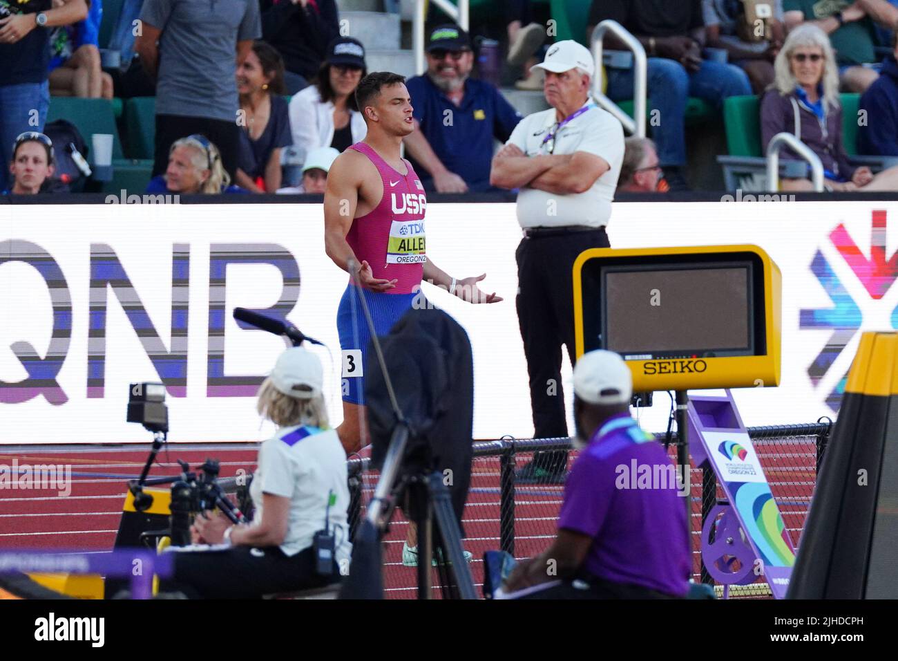 USA’s Devon Allen is disqualified ahead of the Men’s 100m Hurdles Final ...