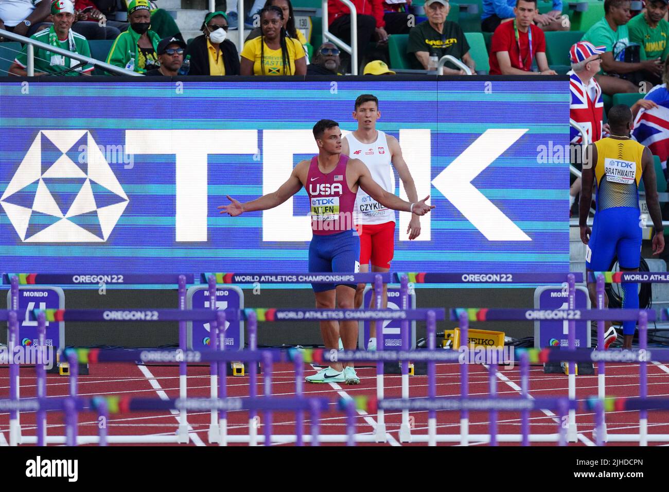 USA’s Devon Allen is disqualified ahead of the Men’s 100m Hurdles Final ...