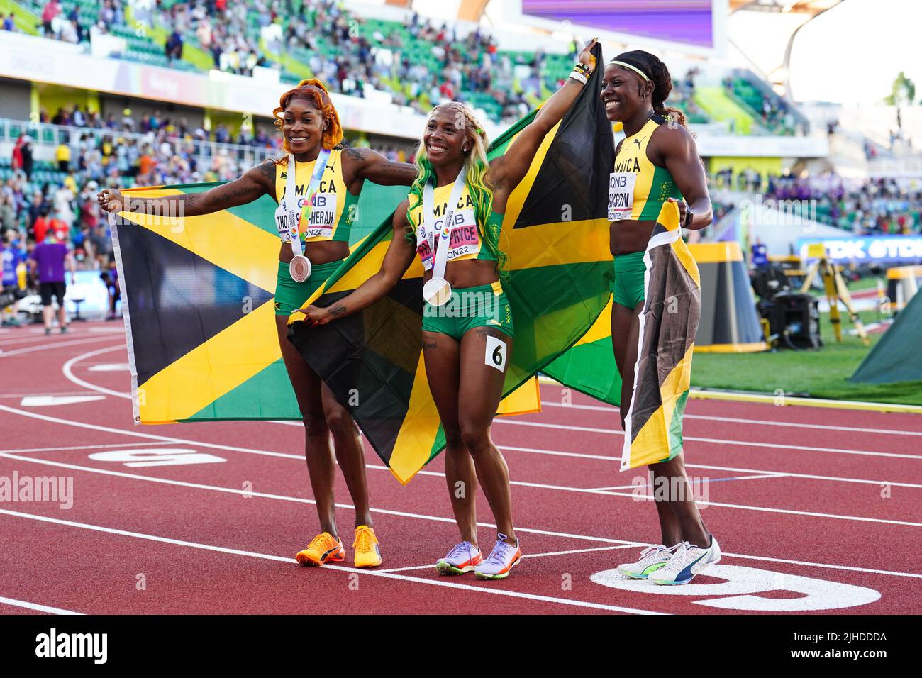 Jamaica’s Shelly-Ann Fraser-Pryce, Shericka Jackson and Elaine Thompson ...