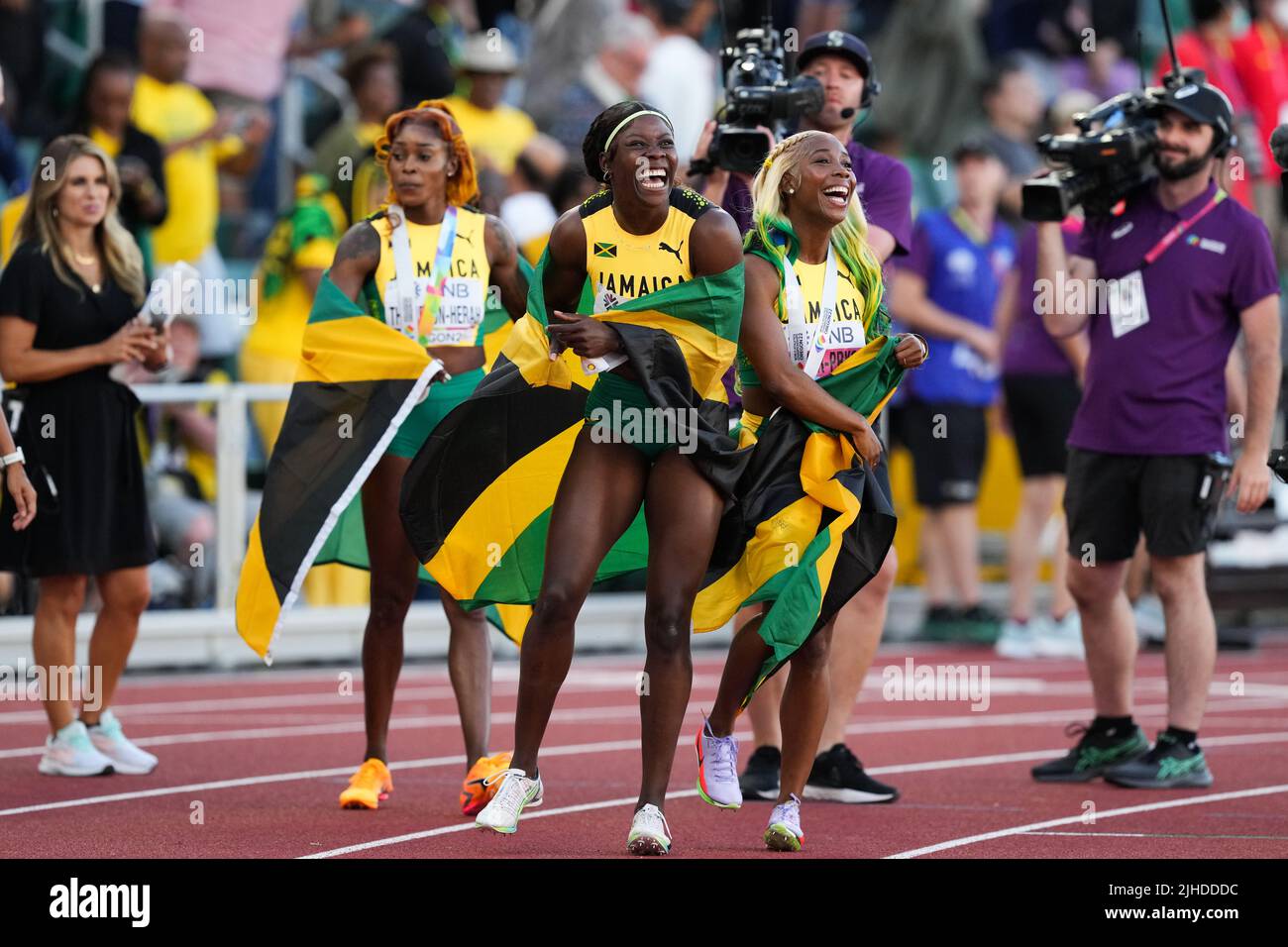 Jamaica’s Shelly-Ann Fraser-Pryce, Shericka Jackson and Elaine Thompson ...