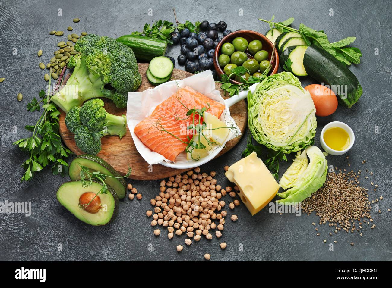 Dash flexitarian mediterranean diet on dark background. Healthy food ...
