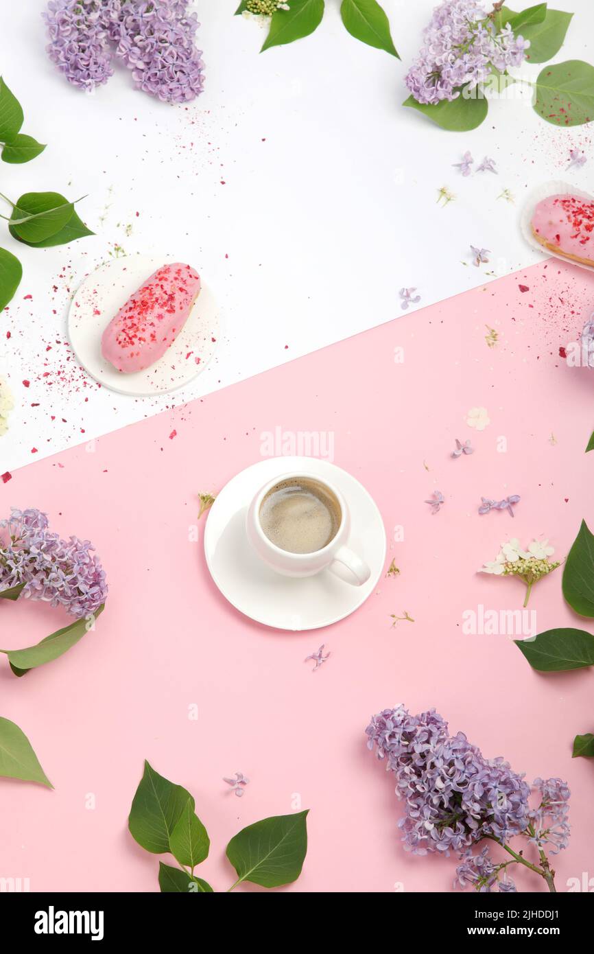 Composition with cup of coffee on color background. Spring natural ...