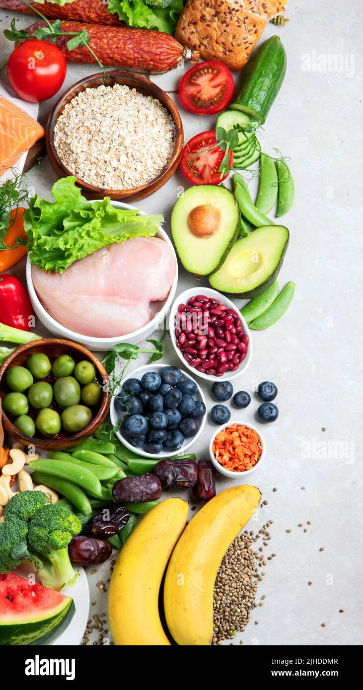 Healthy food assortment on light background. Diet concept. Top view ...
