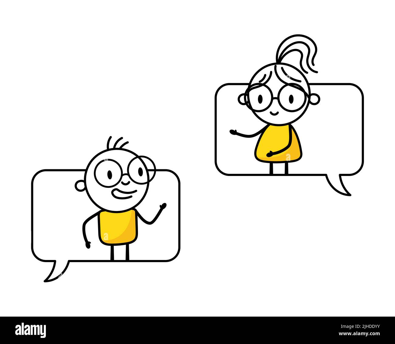 Man and woman are looks out of chat bubbles and talking to each other ...