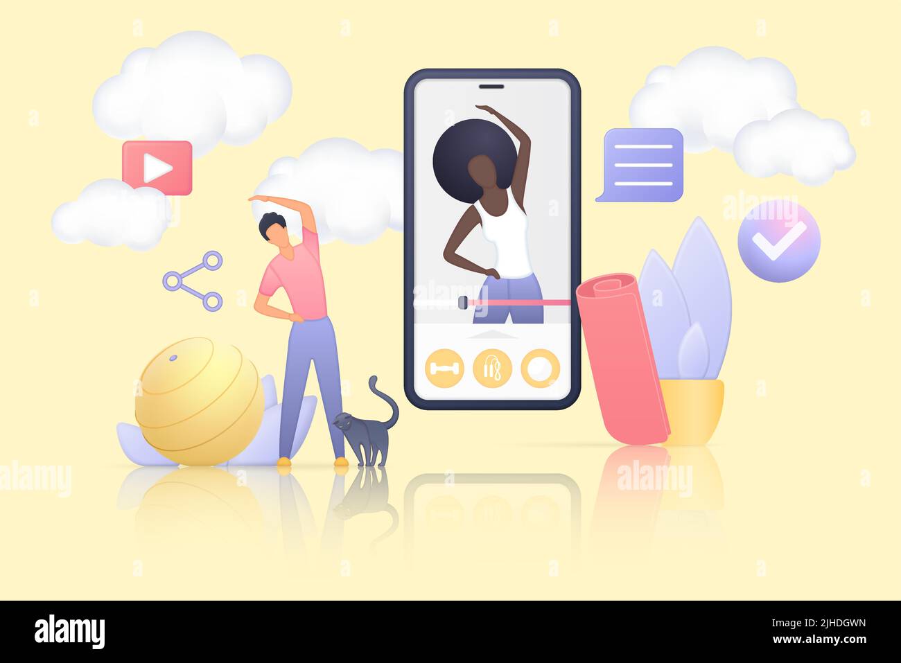Interactive online yoga workout with personal coach on screen of mobile ...