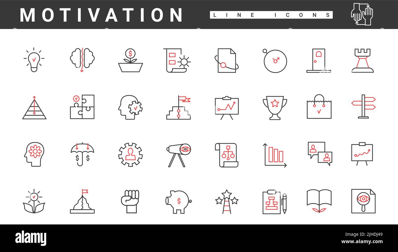 Motivation for work progress and success thin red and black line icons ...