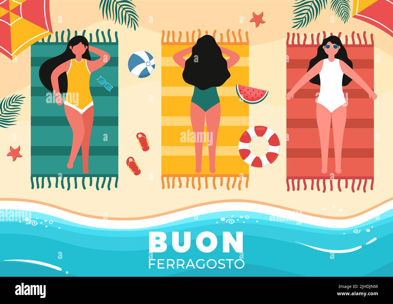 Buon Ferragosto Italian Summer Festival in Beach Cartoon Illustration ...