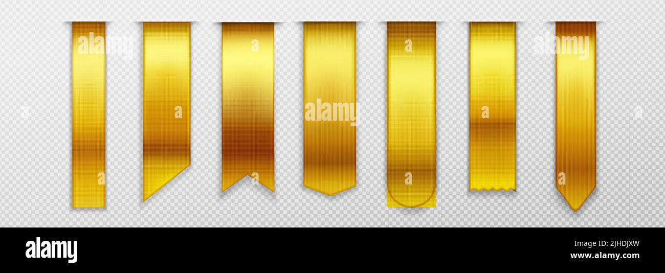 Golden bookmarks, ribbon, banner 3d mockup, blank book marks with ...