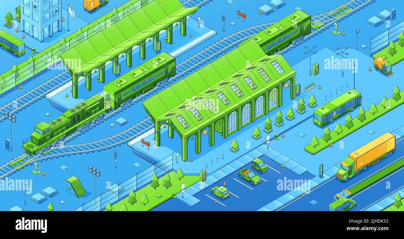 Isometric city infrastructure, railway area with trains, terminal ...