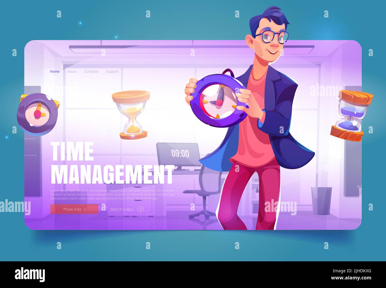 Time management cartoon landing page. Businessman holding alarm clock ...