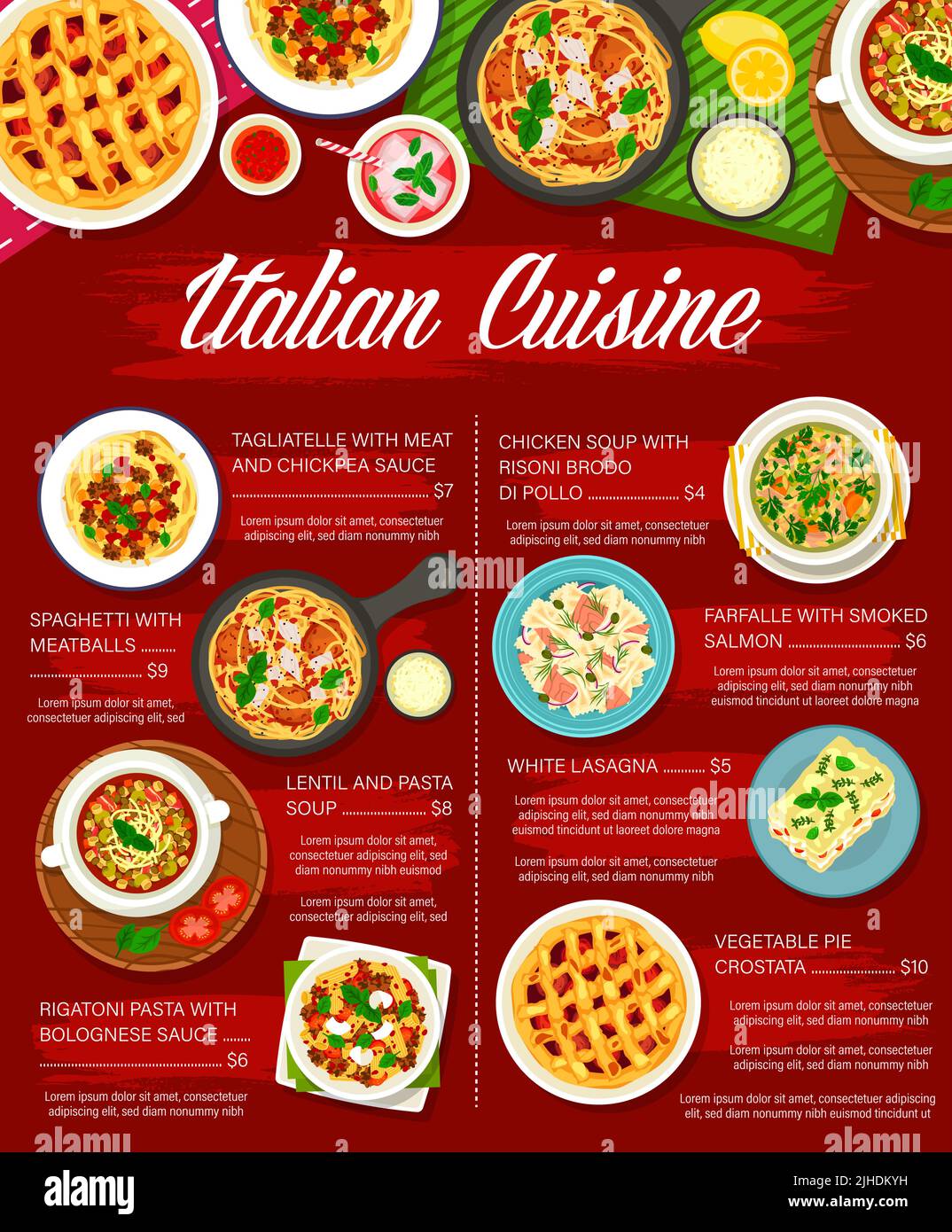 Italian cuisine dishes menu, restaurant pasta meals, vector Italy lunch ...