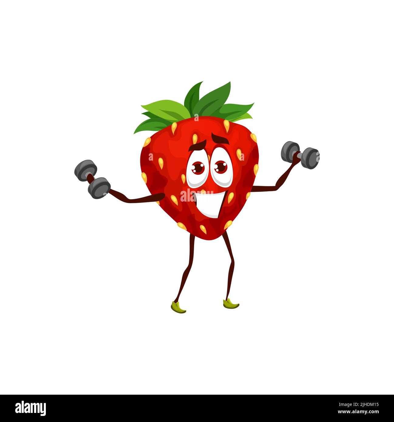 Cartoon strawberry with dumbbells, funny berry in gym or on sport ...