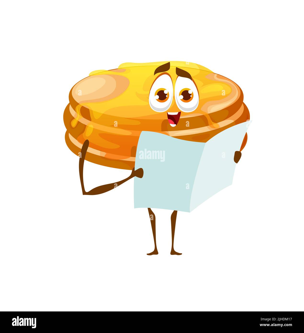 Cartoon pancake character reading book, vector funny dessert and sweet ...