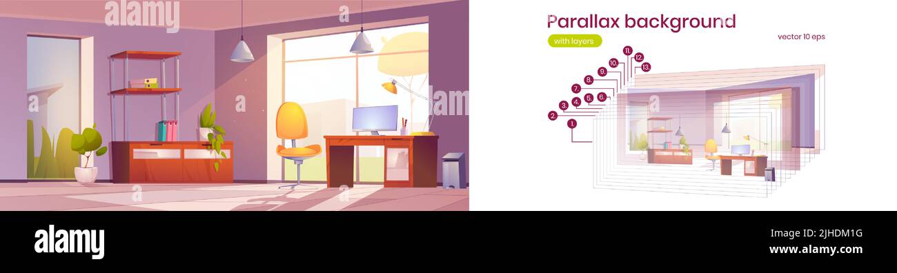 Parallax background home office interior, room for working with pc desk ...