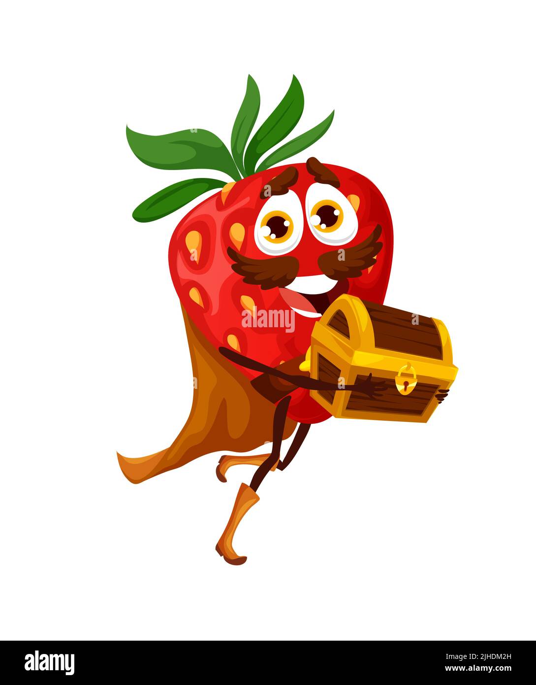 Cartoon strawberry pirate with treasure chest. Happy vector berry ...