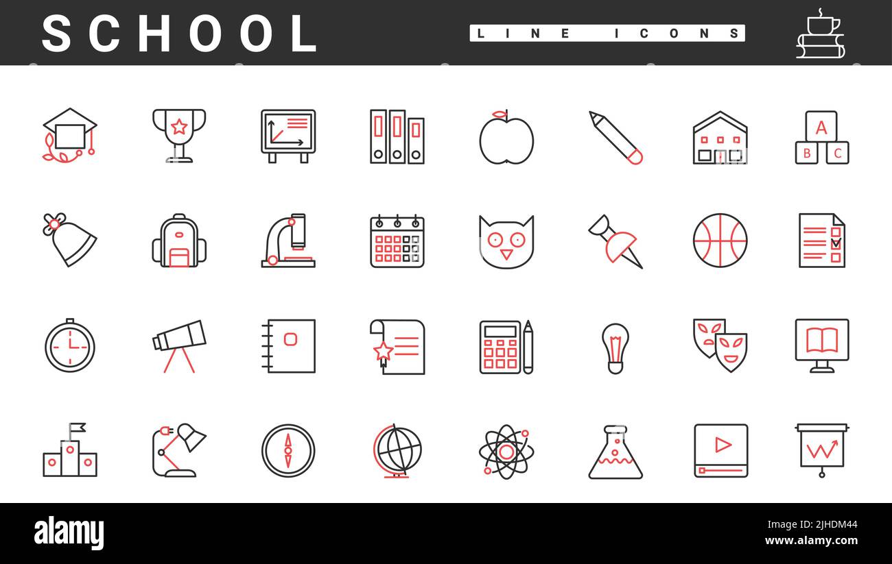 School study thin red and black line icons set vector illustration ...