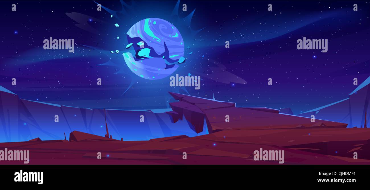 Alien planet futuristic landscape with exploding glowing moon or ...
