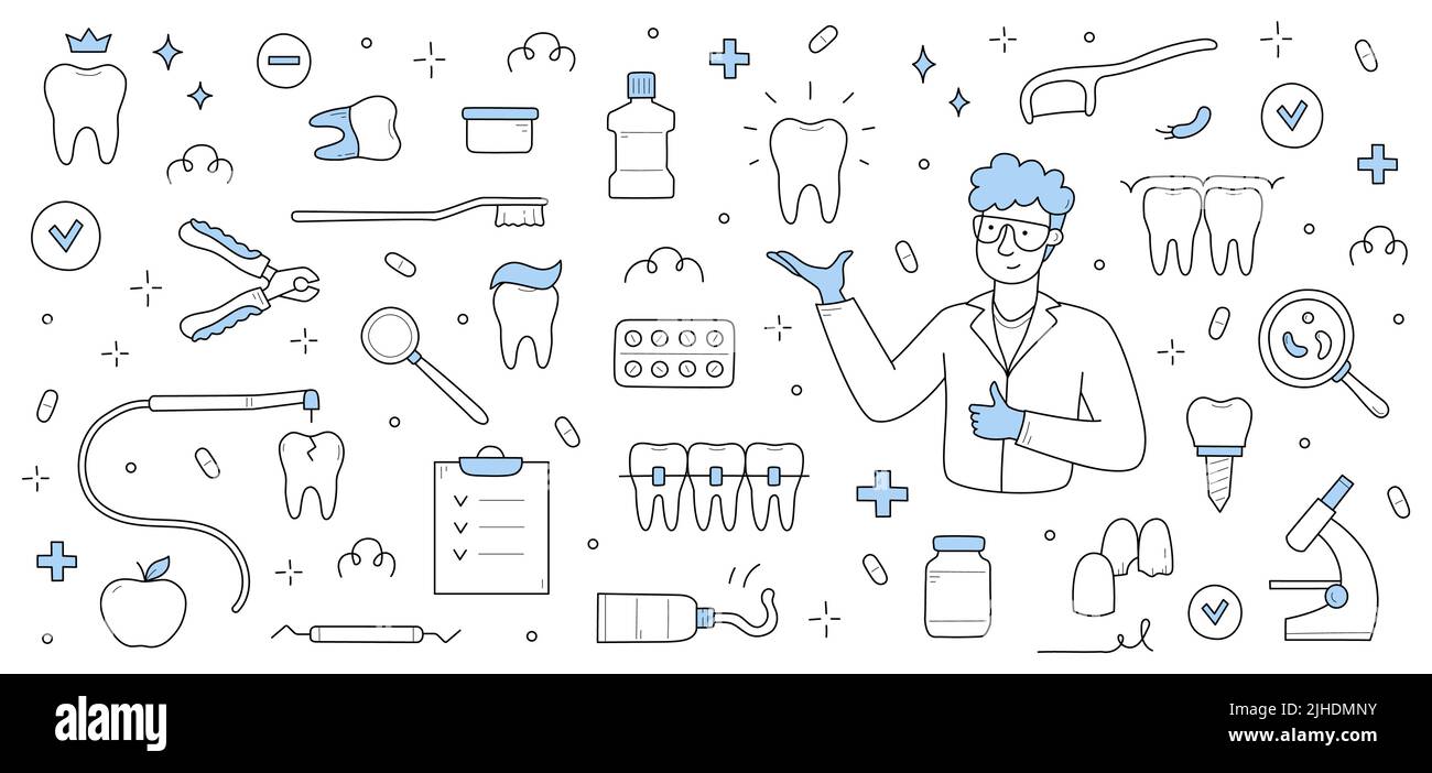 Dentistry medicine doodle set. Stomatology doctor with healthy shining ...
