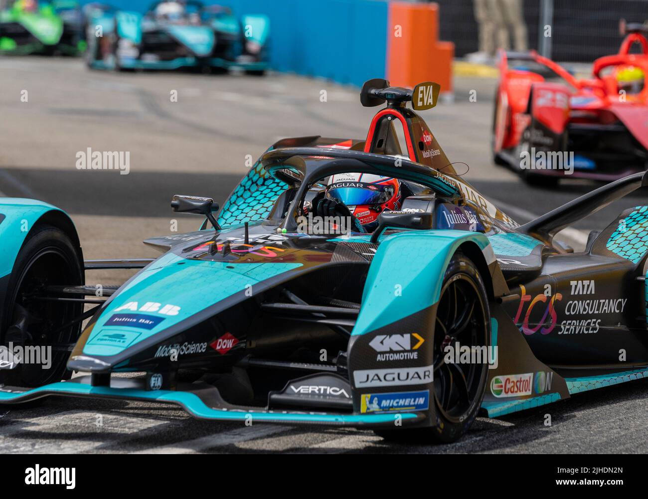 Mitch Evans (9) of Jaguar team rides car during Formula E racing season ...