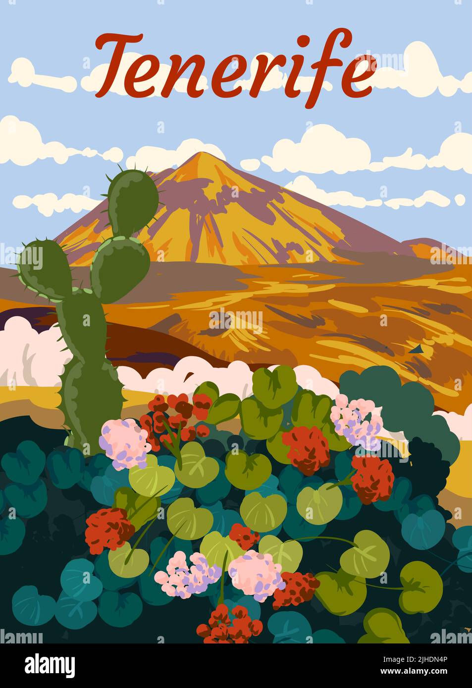 Tenerife Travel Retro Poster, view on volcano Teide, flowers, cactus ...