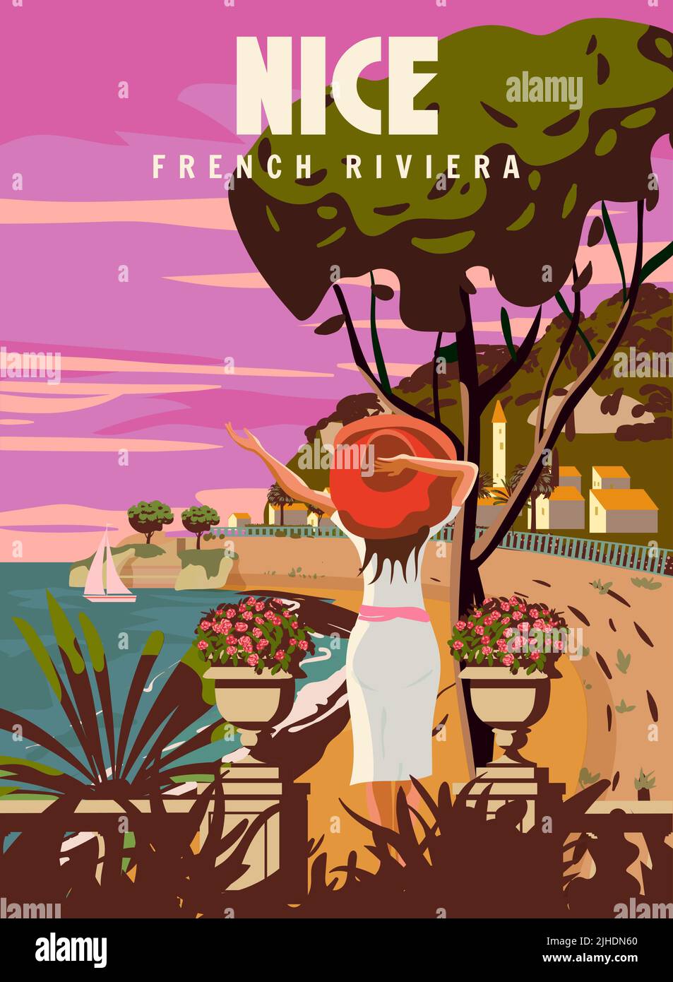 Nice Lady On Vacation French Riviera Coast Poster Vintage Palm