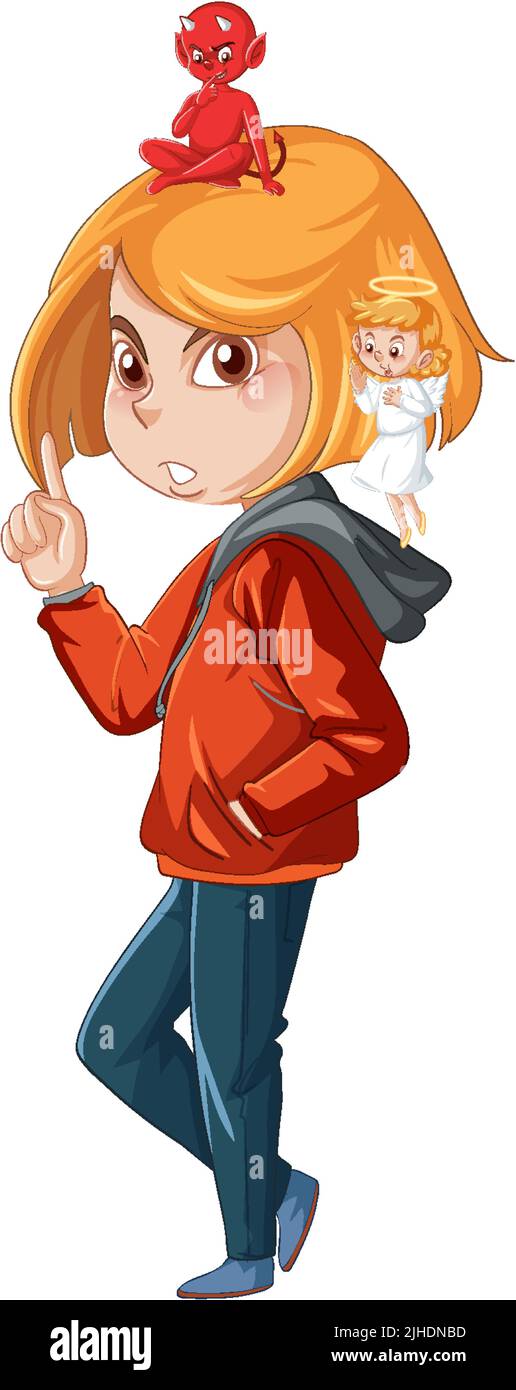 Cartoon character with devil and angel fighting in thought illustration ...