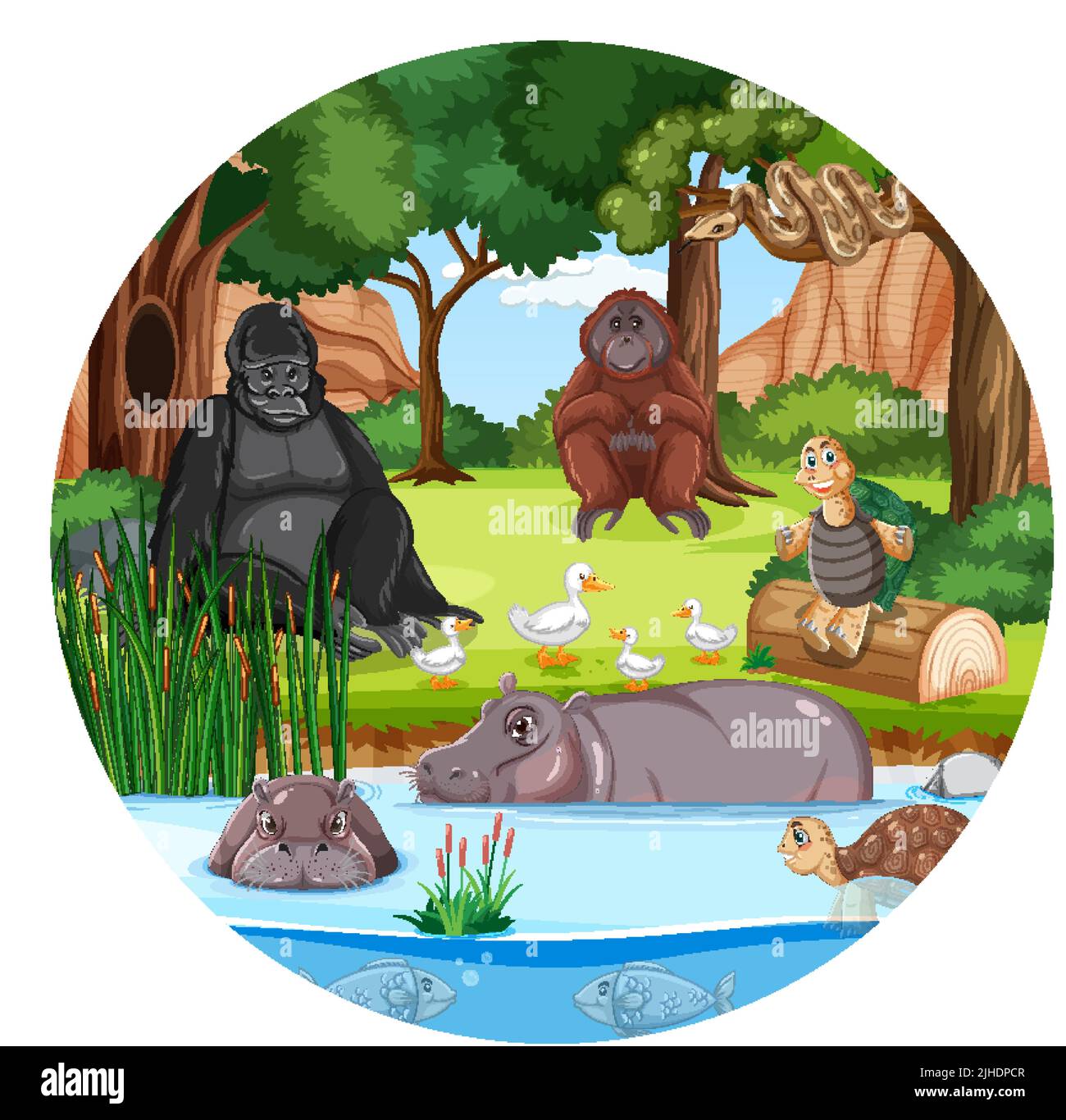 Forest in round shape with wild animals illustration Stock Vector Image ...